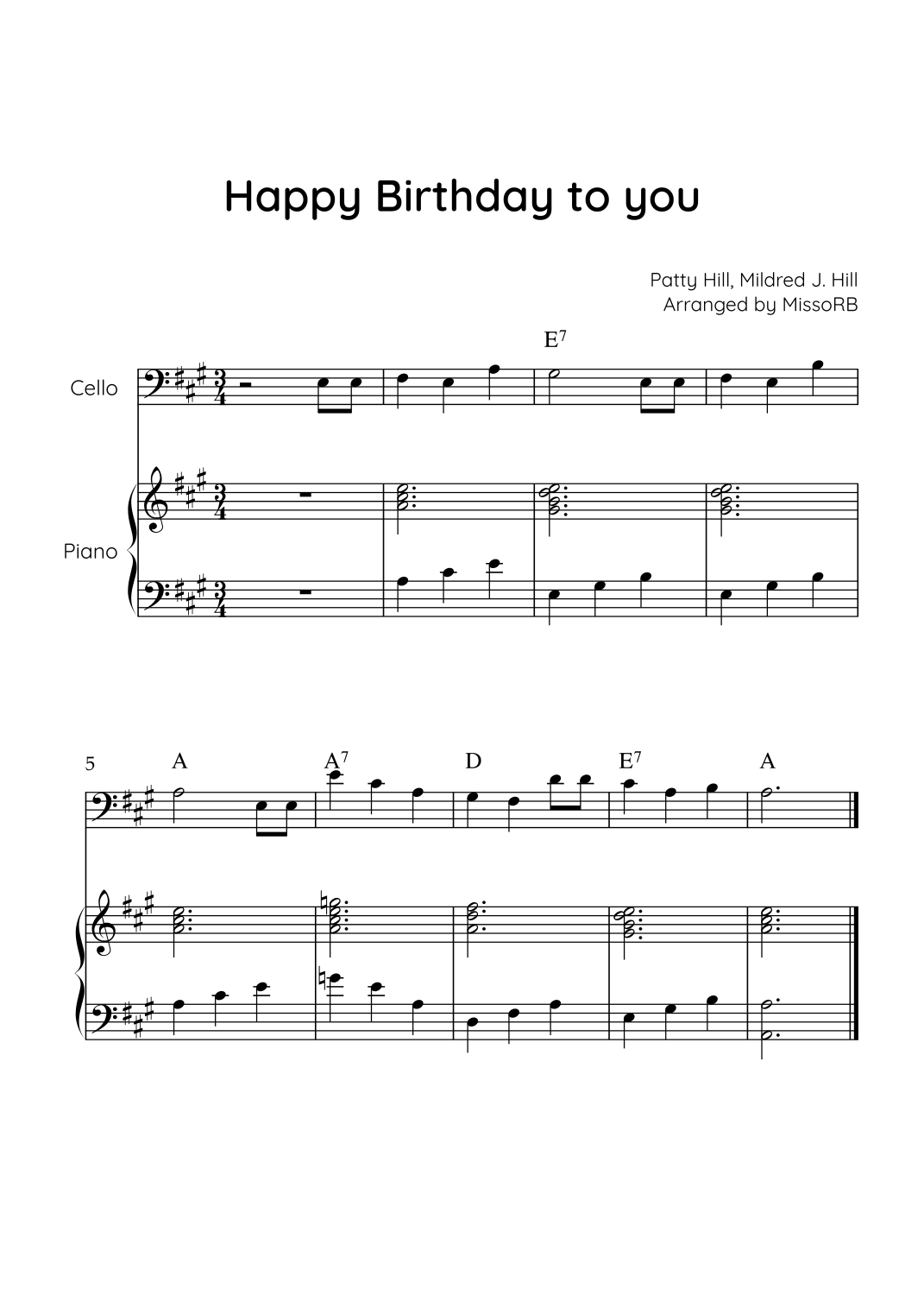 Happy Birthday to you - Cello & Piano in A With Chords - Easy (arr ...