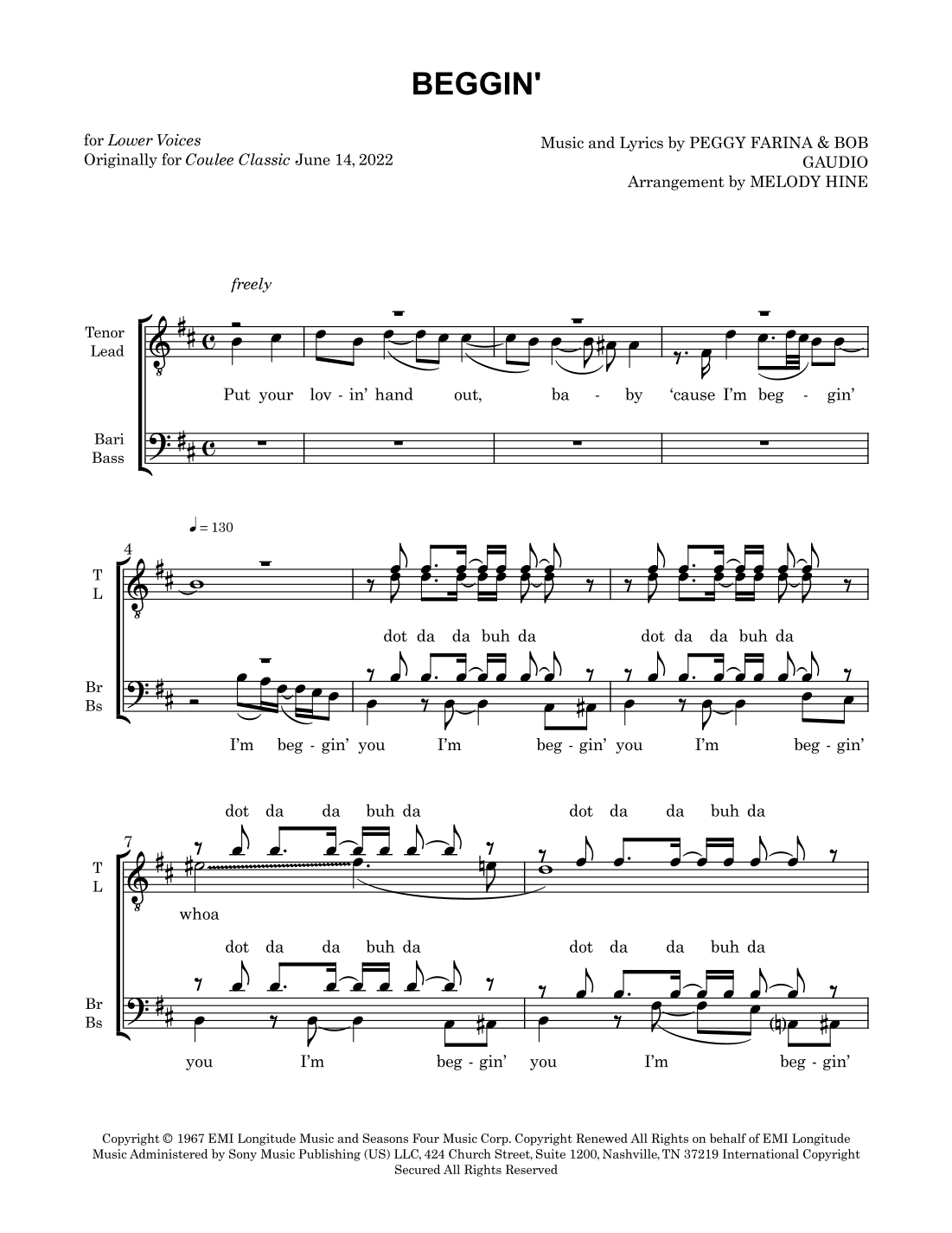 Beggin' (arr. Melody Hine) by The Four Seasons Sheet Music for TTBB ...