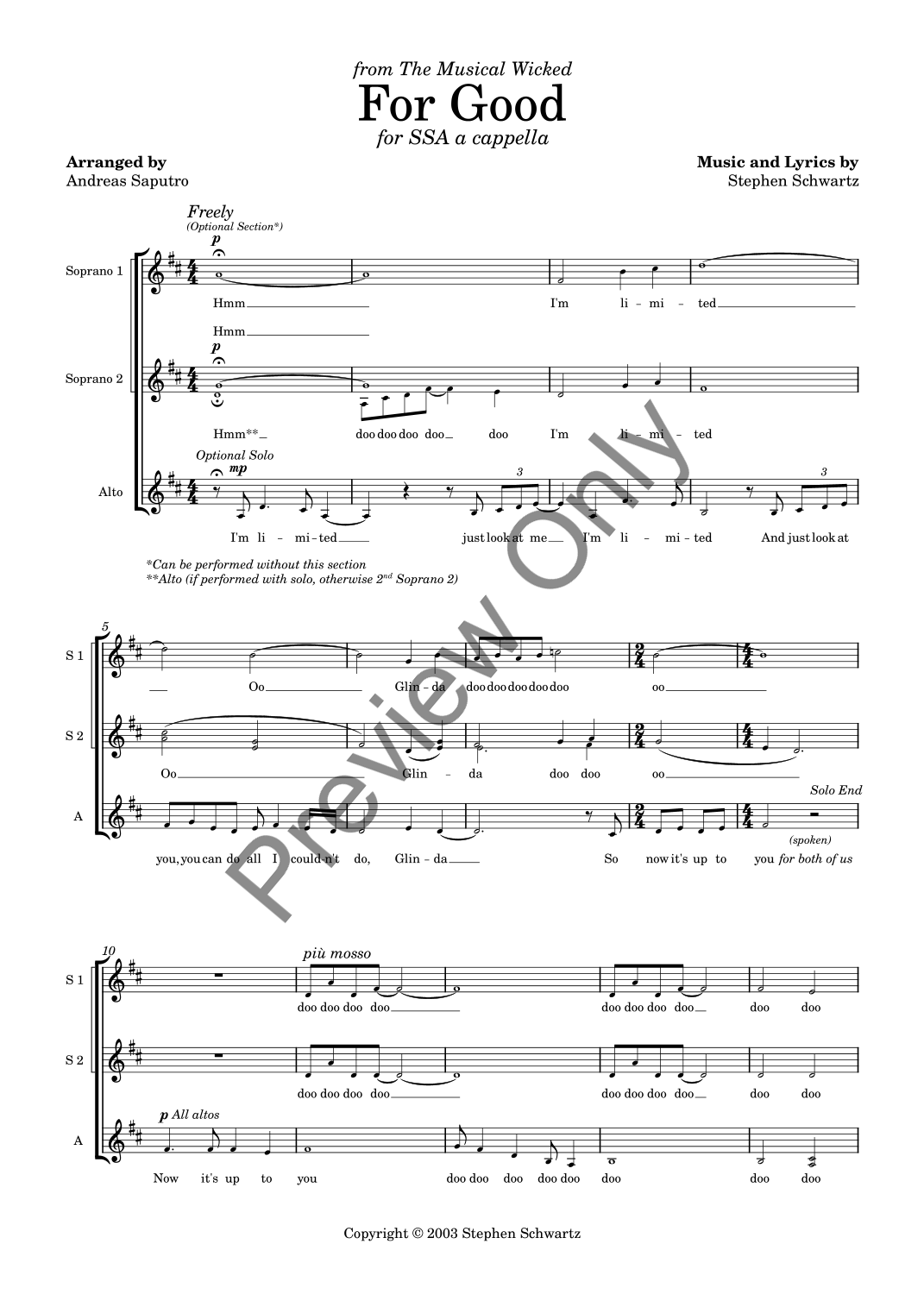 For Good (arr. Andreas Saputro) by Stephen Schwartz Sheet Music for SSA ...