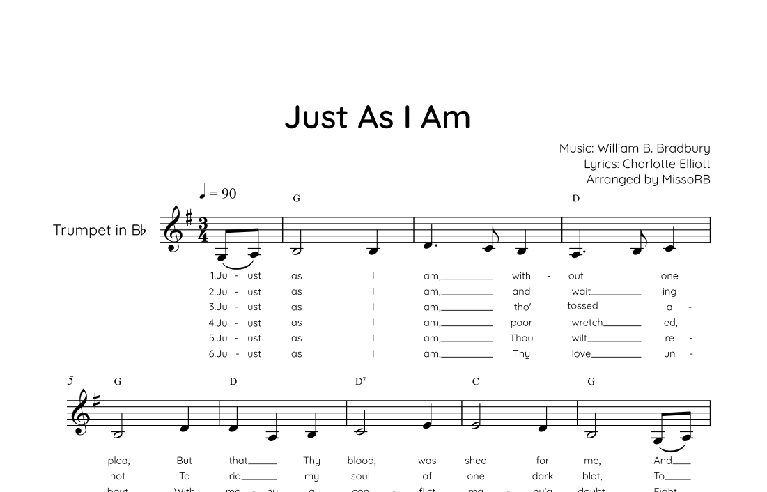Just As I Am - Trumpet in F Solo With Chords & Lyrics - Easy (arr ...