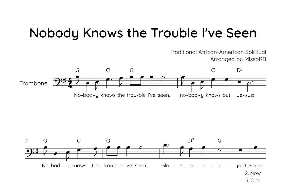 Nobody Knows the Trouble I've Seen - Trombone in G With Chords & Lyric ...