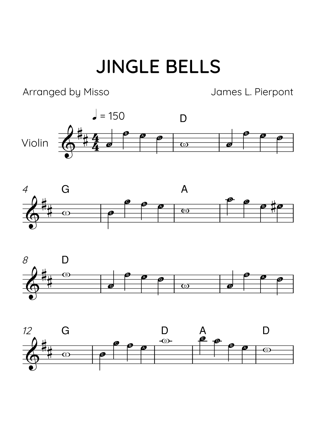 Jingle Bells - Violin in D Major (Beginner With Chords & Letter Names) (arr. MissoRB) von James ...