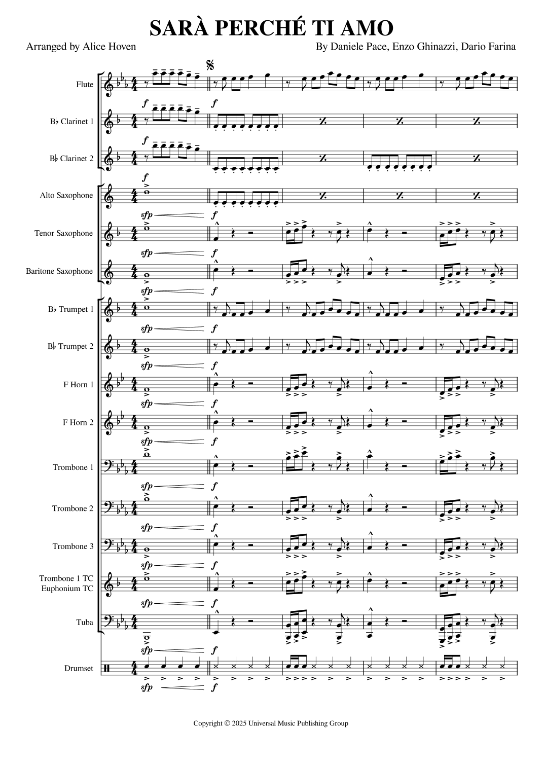 Sara Perche Ti Amo (arr. Alice Hoven) by Banjee Sheet Music for Marching Band at Sheet Music Direct