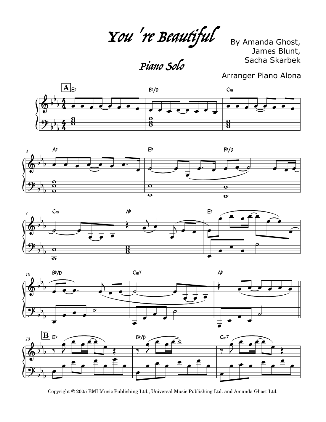 You're Beautiful (arr. Piano Alona) by James Blunt Sheet Music for ...