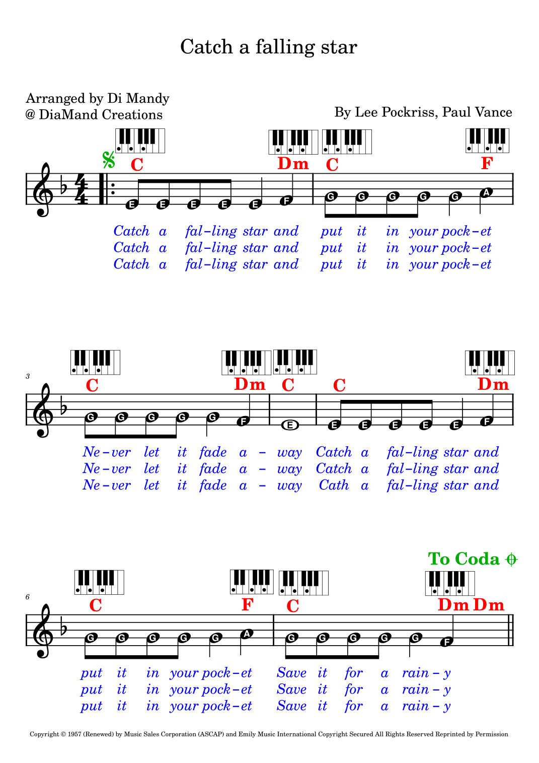 Catch A Falling Star (arr. Dianne Mandy) by Perry Como Sheet Music for Lead Sheet / Fake Book at ...