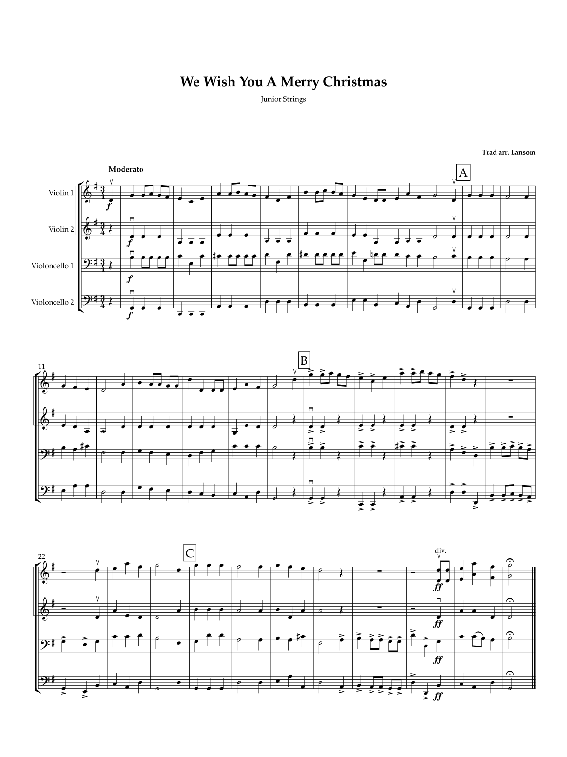 We Wish You A Merry Christmas for young string ensemble (arr. Mark ...