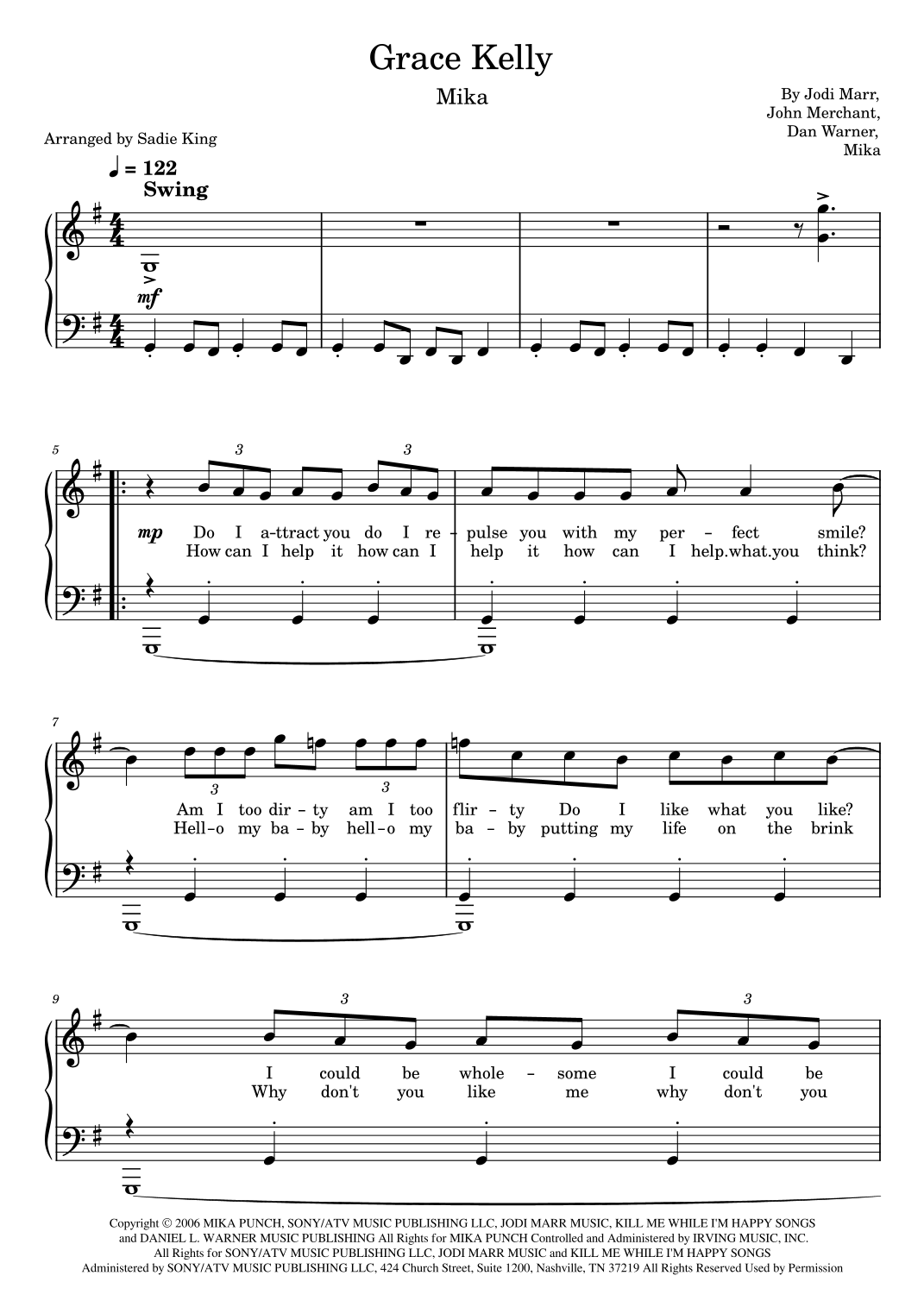 Grace Kelly (arr. Sadie King) by Mika Sheet Music for Piano Solo at ...