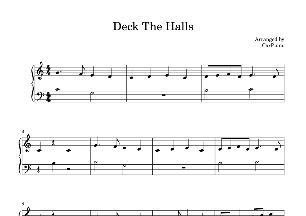 Deck The Halls (Easy Piano) (arr. CarPiano) by Traditional Sheet Music ...