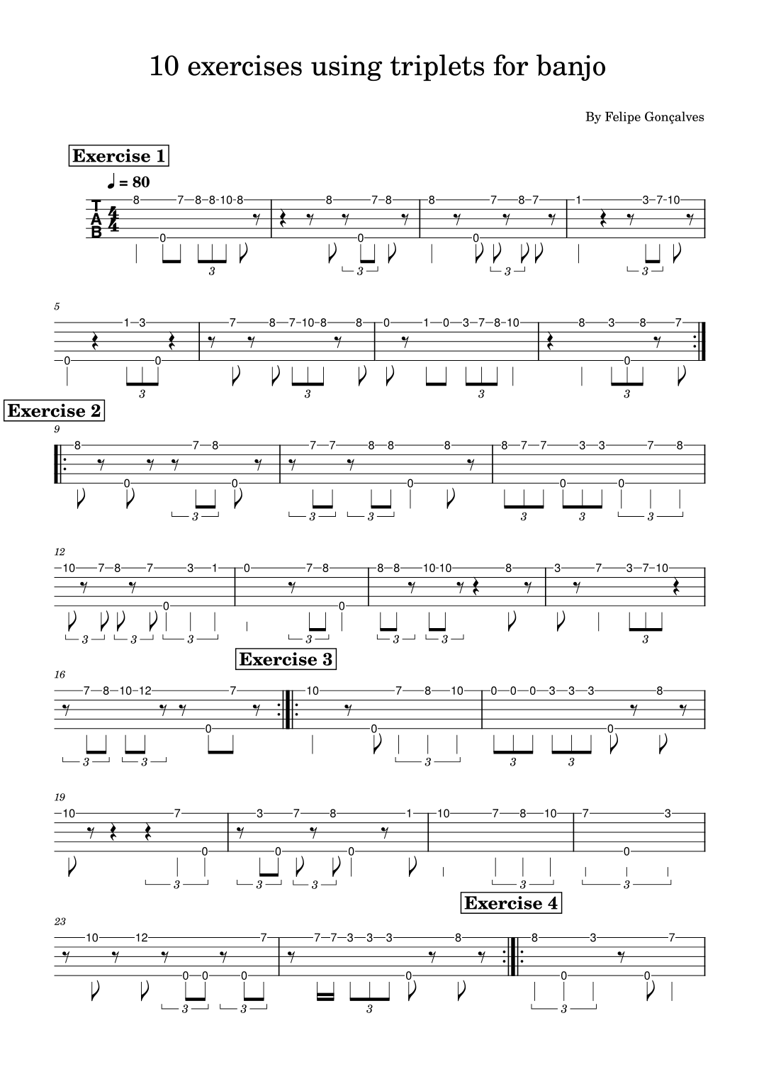 10 exercises using triplets for Banjo with tablature in the key of A# ...