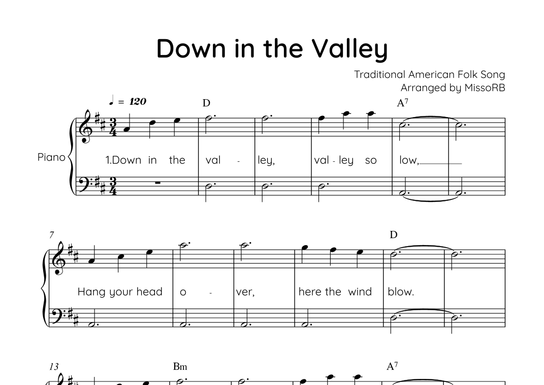 Down in the Valley - Piano in D With Chords & Lyrics - Beginner (arr ...
