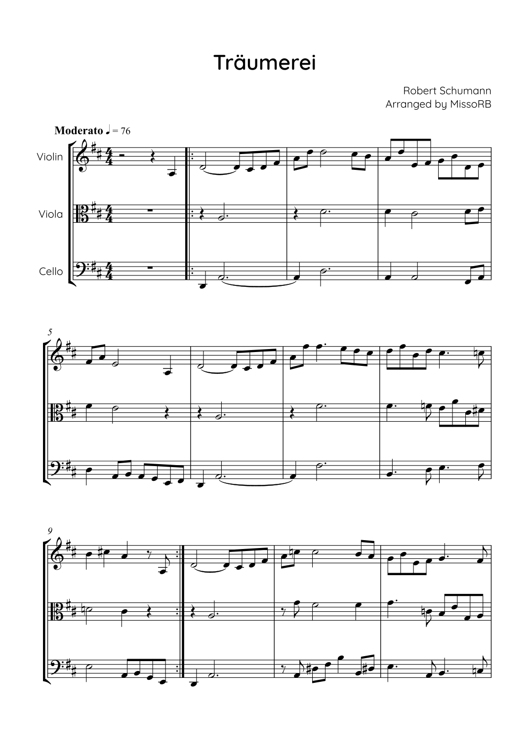 Träumerei - String Trio in D - Easy/Intermediate (arr. MissoRB) by ...