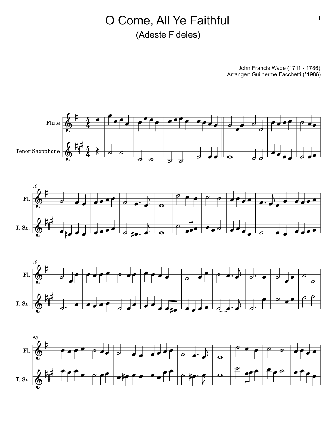 O Come, All Ye Faithful - Arranged for Flute and T. Sax. (arr. Guilherme Facchetti) by John ...