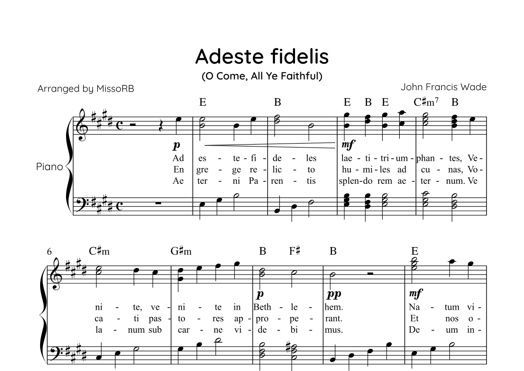 Adeste Fidelis (O Come, All Ye Faithful) - Piano in E Major ...