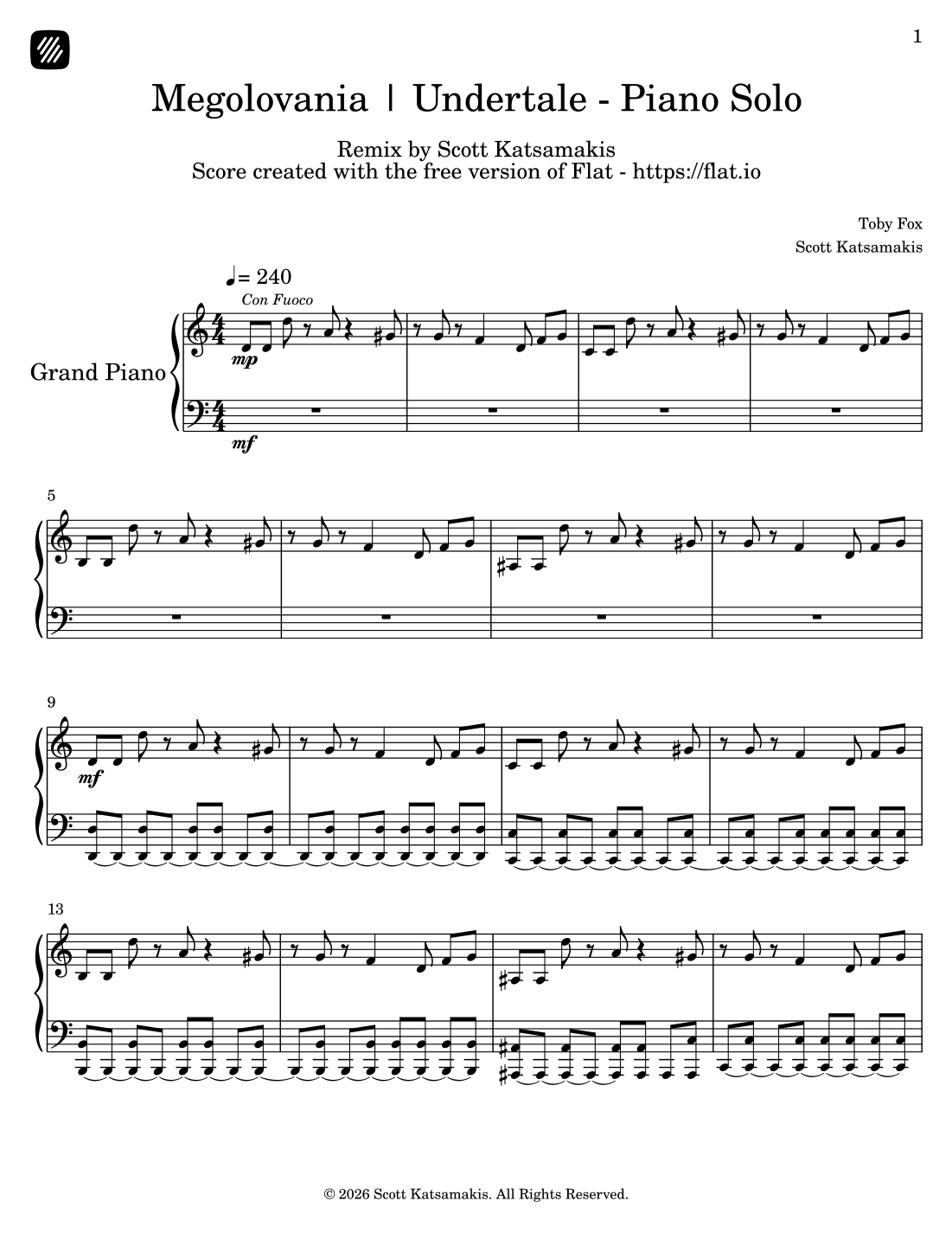 Megalovania (arr. Scott Katsamakis) by Toby Fox Sheet Music for Piano ...