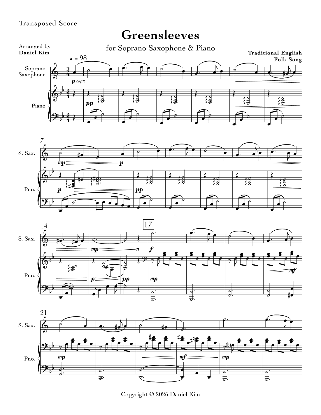 Greensleeves (Soprano Sax & Piano) (arr. Daniel Kim) by Traditional ...