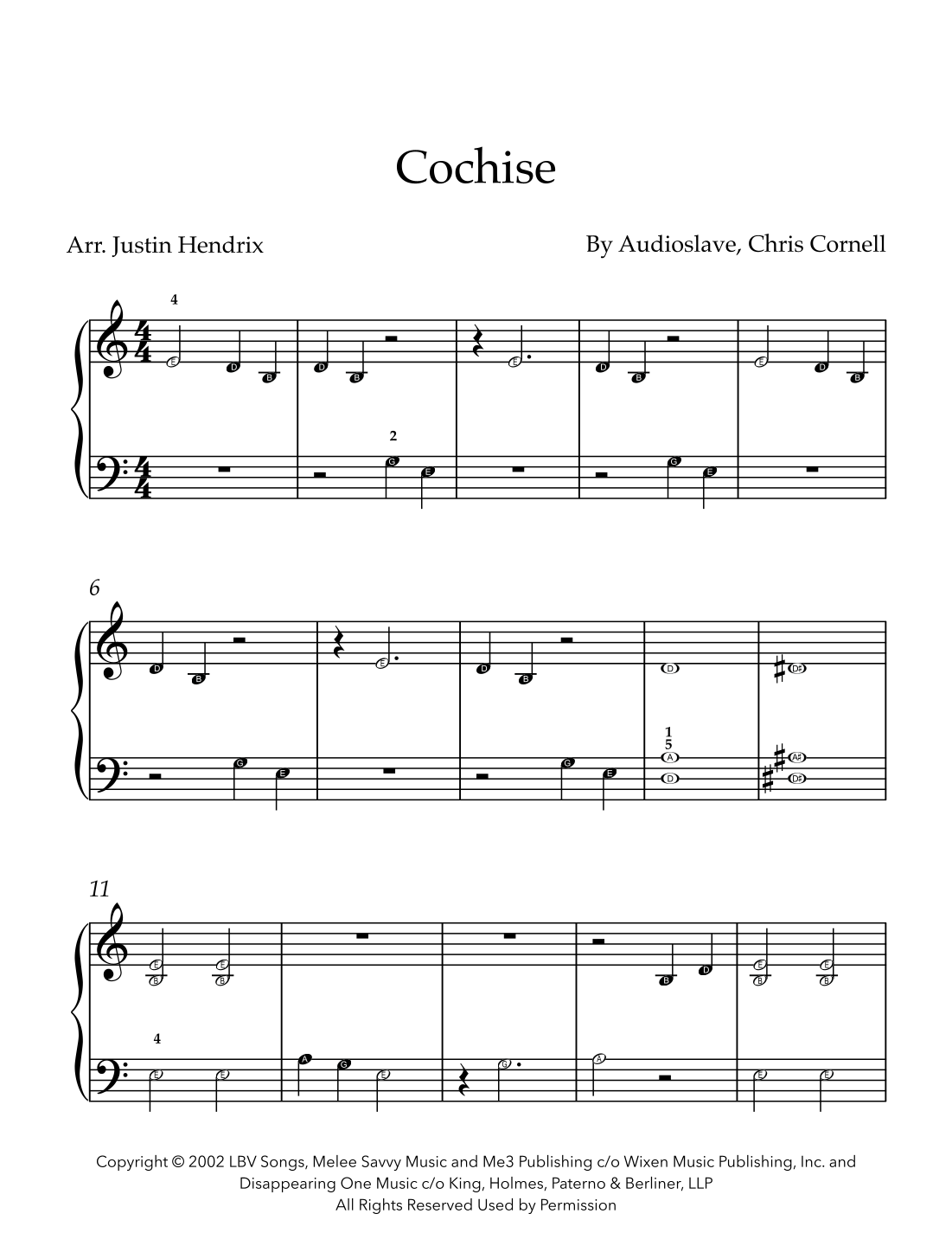 Cochise (arr. Justin Hendrix) by Audioslave Sheet Music for Easy Piano ...