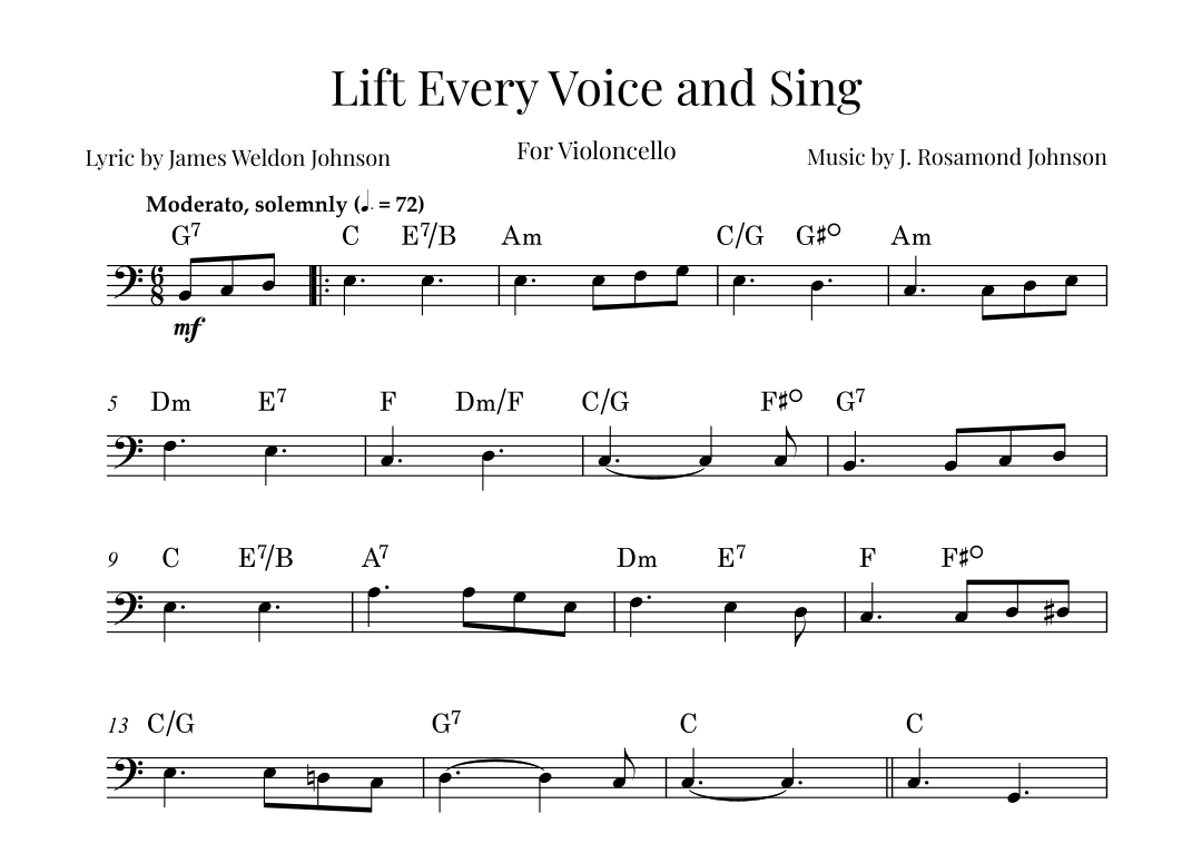 Lift Every Voice and Sing – Solo Cello (With Chord Symbols) (arr. André ...