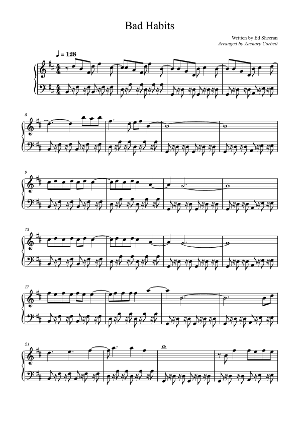 Bad Habits (arr. Zachary Corbett) by Ed Sheeran Sheet Music for Piano ...