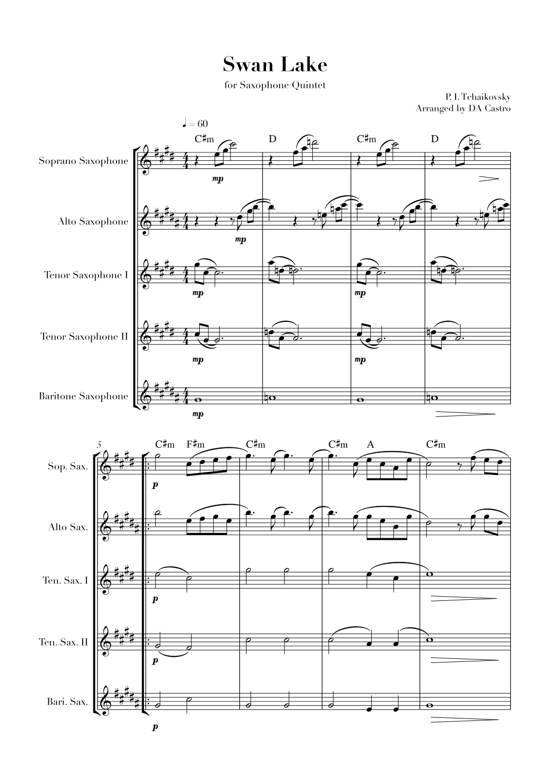 Swan Lake Op. 20 - Act. II (arr. DA Castro) by P. I. Tchaikovsky Sheet ...