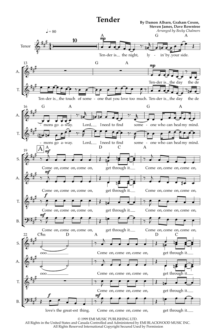 Tender (arr. Becky Chalmers) by Blur Sheet Music for SATB Choir at ...