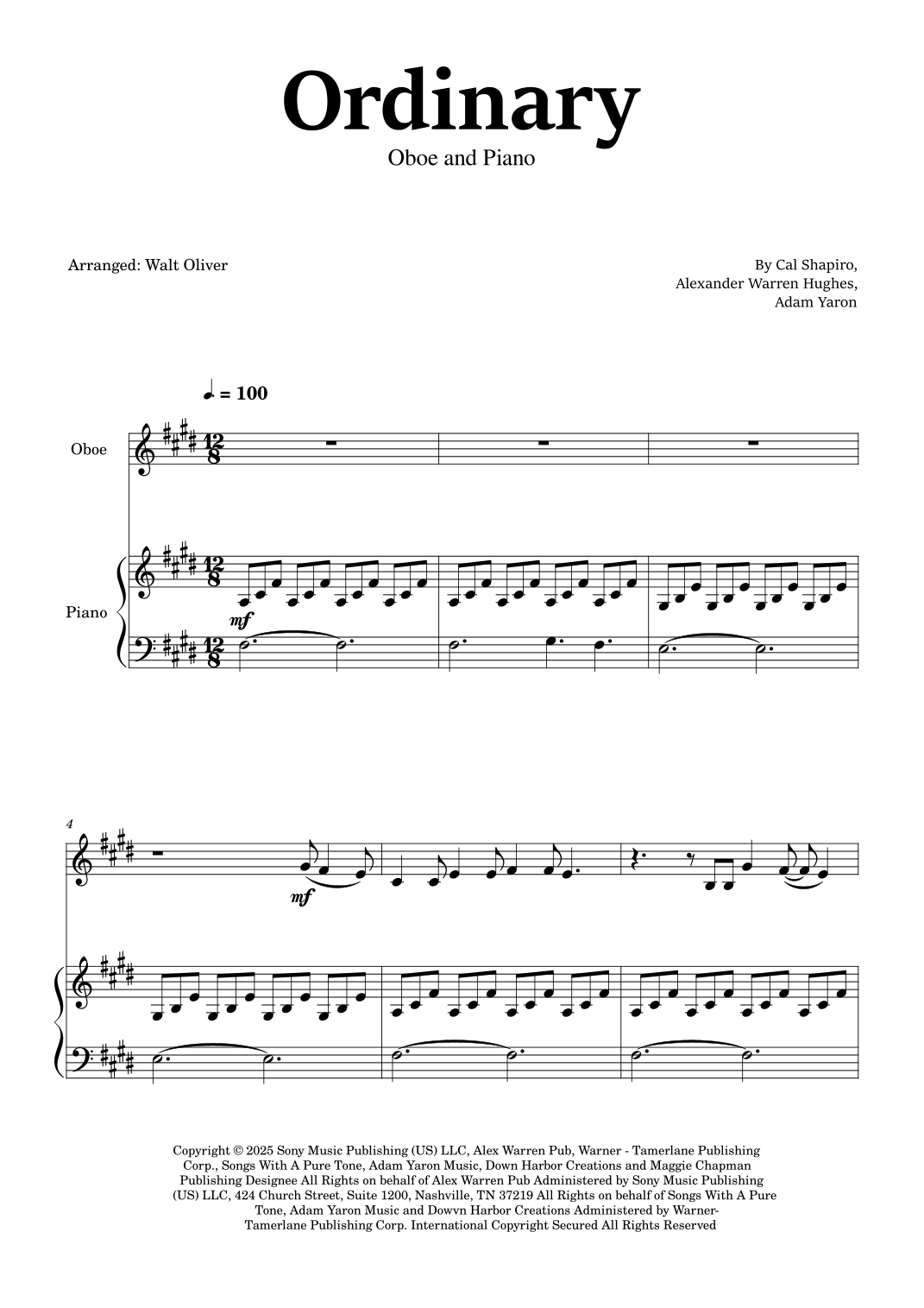 Ordinary (arr. Walt Oliver) by Alex Warren Sheet Music for Oboe and ...
