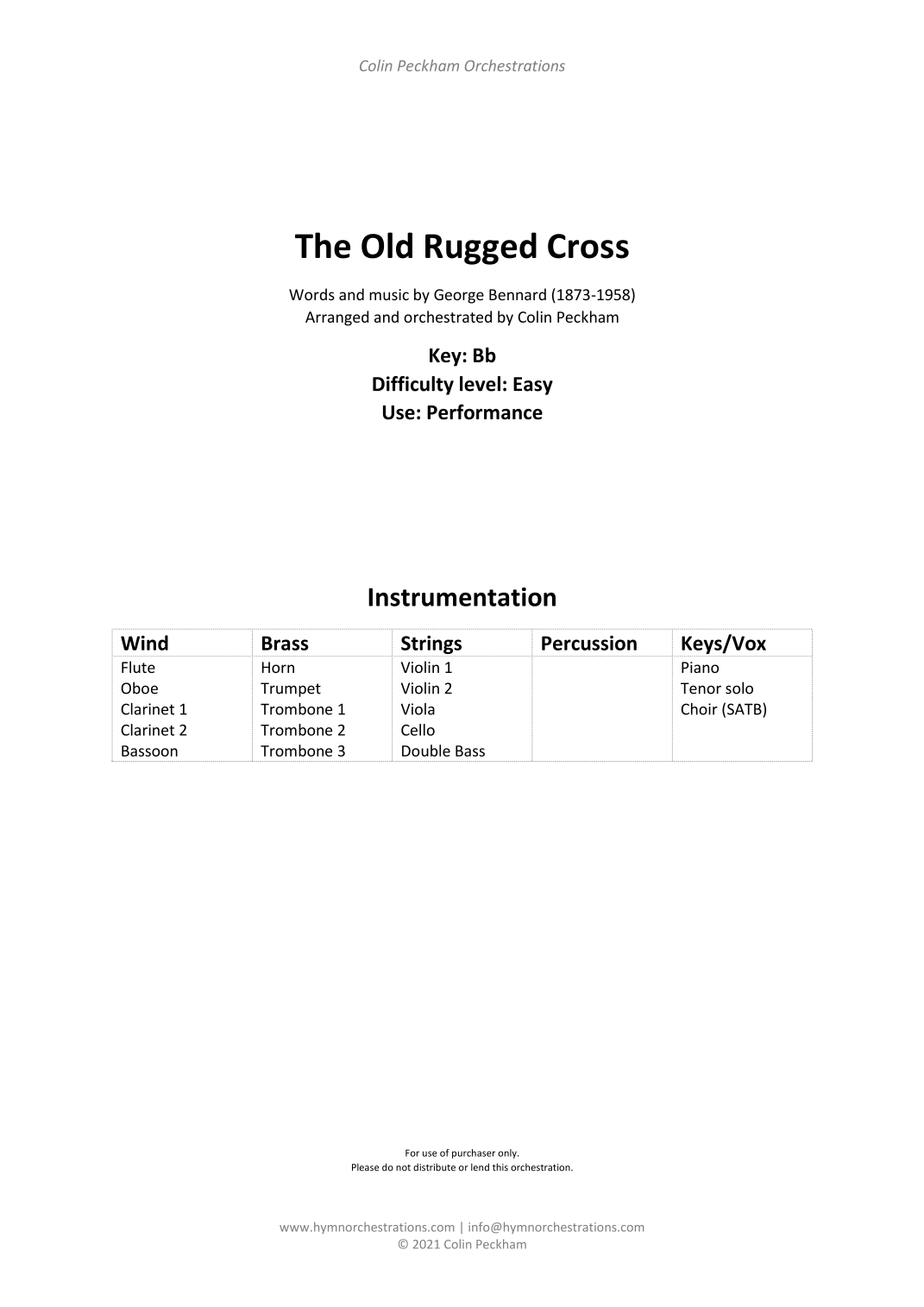 The Old Rugged Cross (arr. Colin Peckham by George Bennard (1873-1958 ...