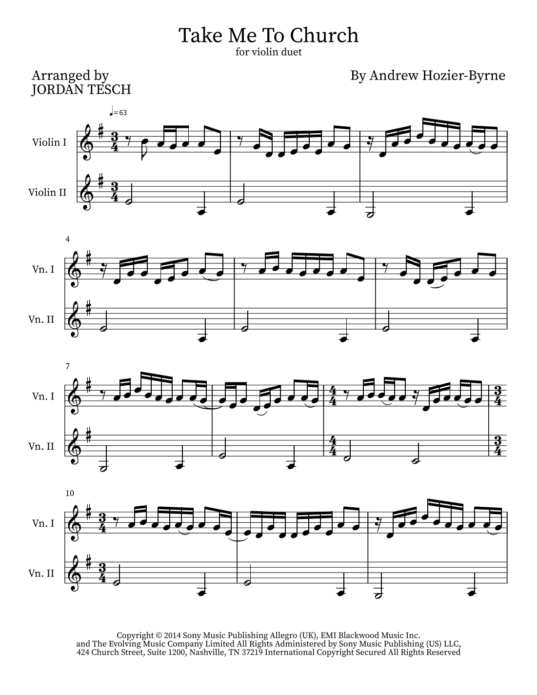 Take Me To Church (arr. Jordan Tesch) by Hozier Sheet Music for Violin ...