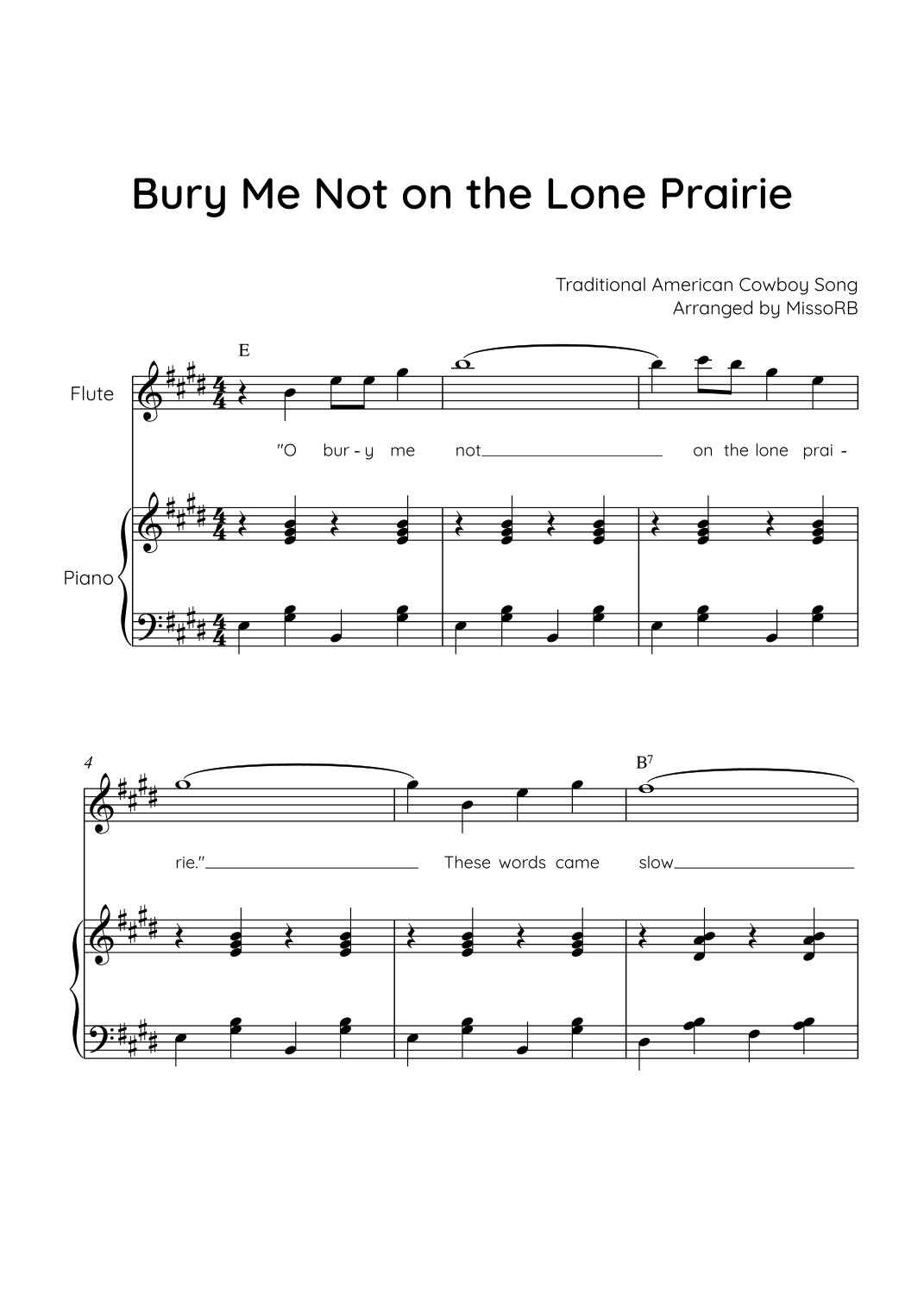 Bury Me Not on the Lone Prairie - Flute & Piano in E With Chords ...