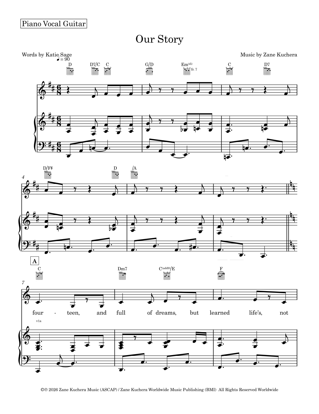 Our Story by Zane Kuchera Sheet Music for Piano, Vocal & Guitar Chords ...