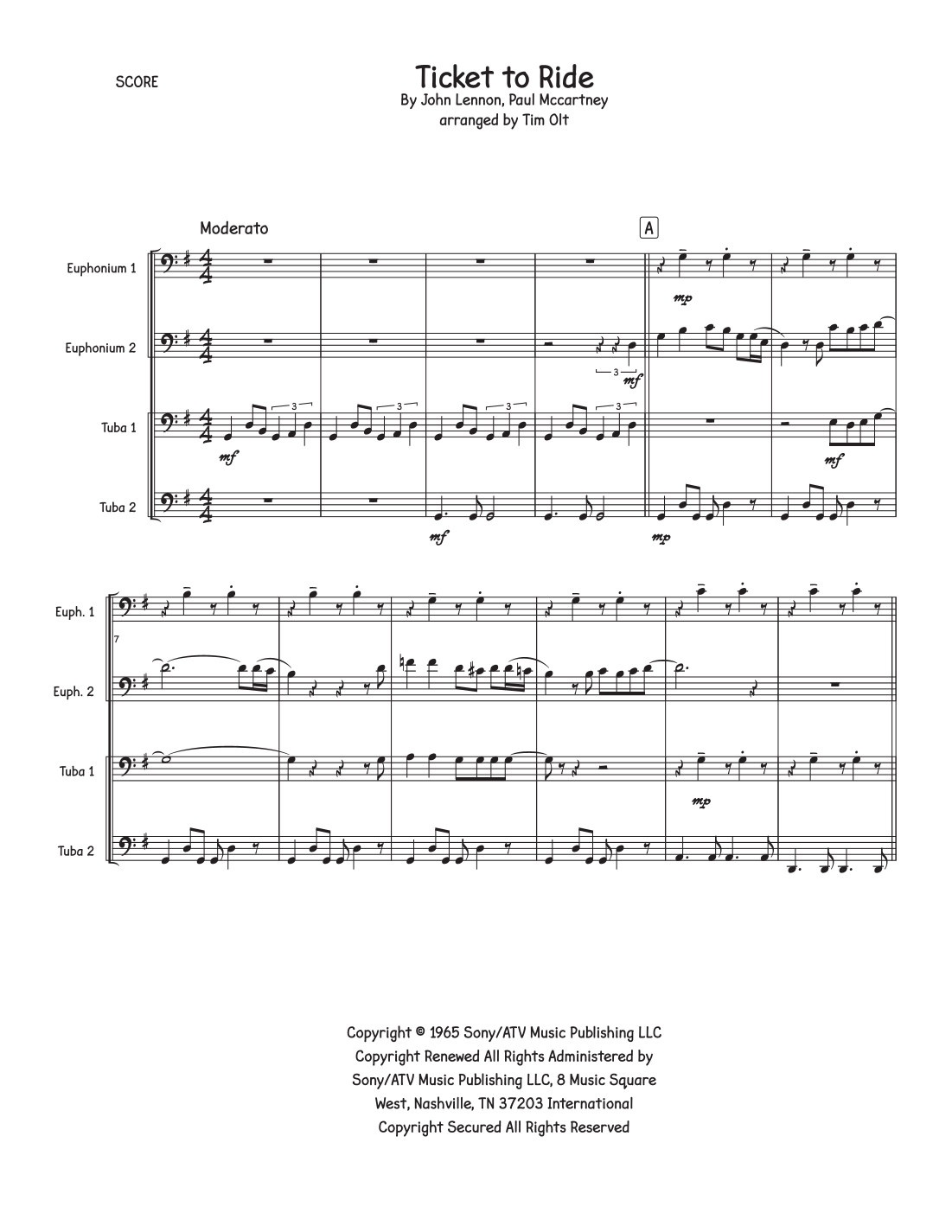 Ticket To Ride (arr. Tim Olt) by The Beatles Sheet Music for Brass ...