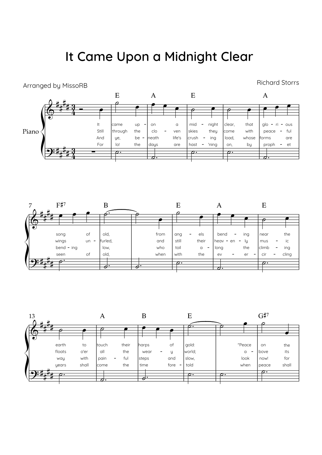 It Came Upon a Midnight Clear - Piano in E Major With Chords & Lyrics ...