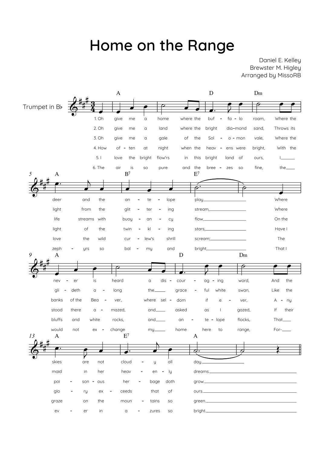 Home on the Range - Trumpet in G With Chords & Lyric - Easy (arr ...