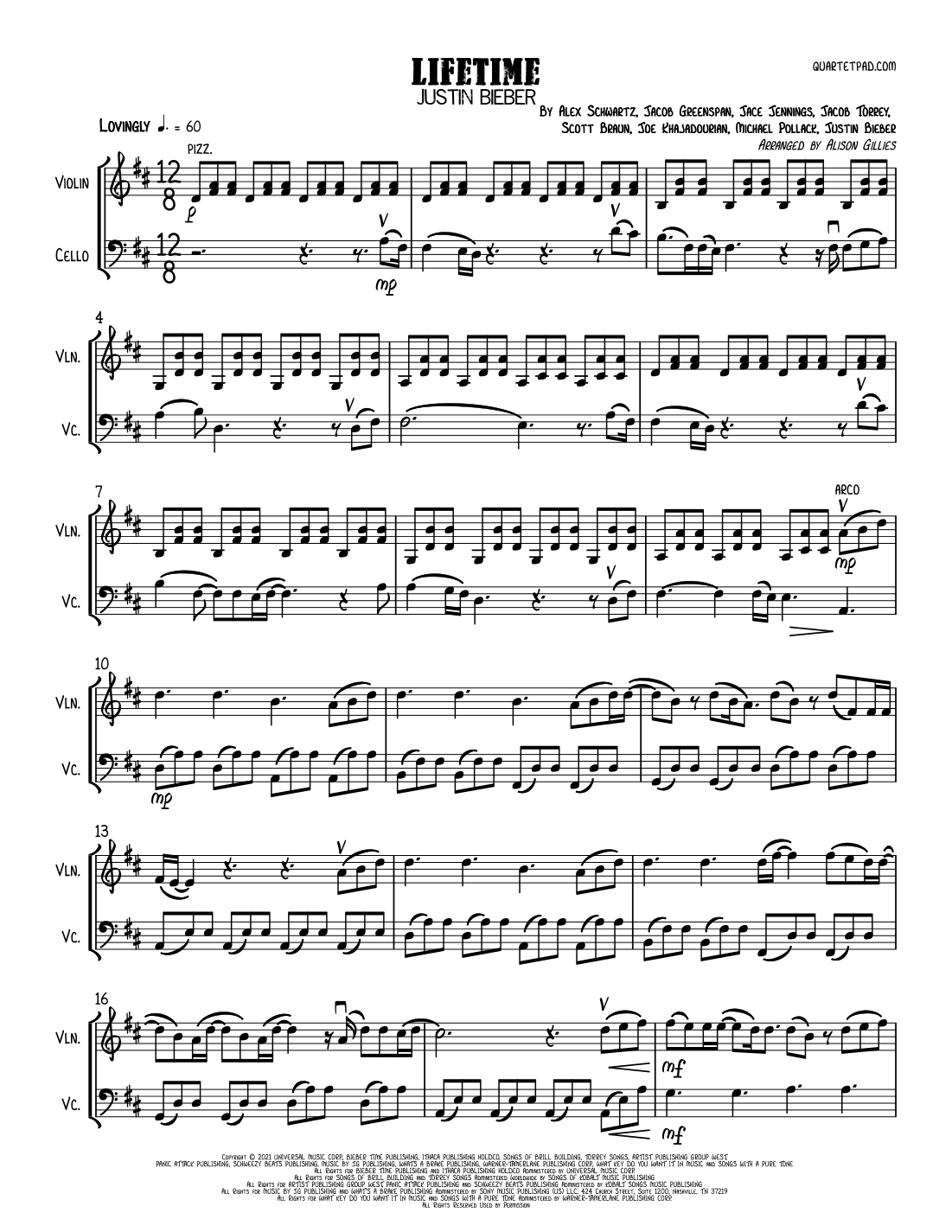 Lifetime (arr. Alison Gillies) by Justin Bieber Sheet Music for ...