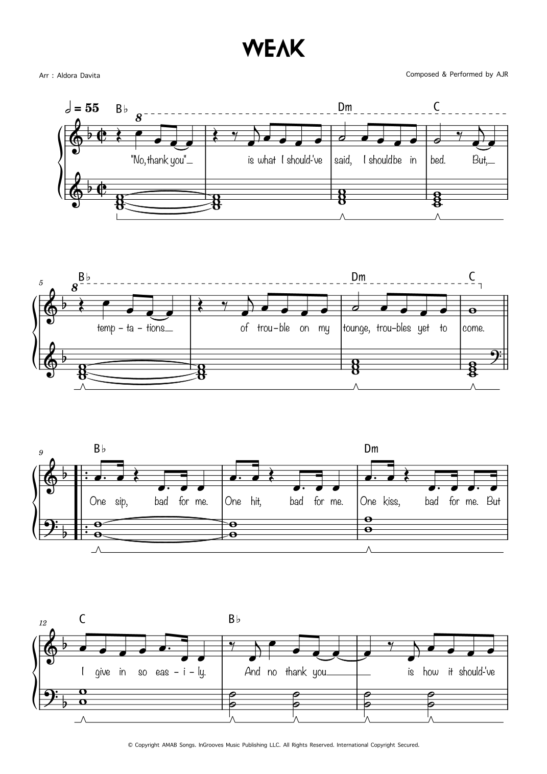 Weak (arr. Aldora Davita) by AJR Sheet Music for Easy Piano at Sheet ...