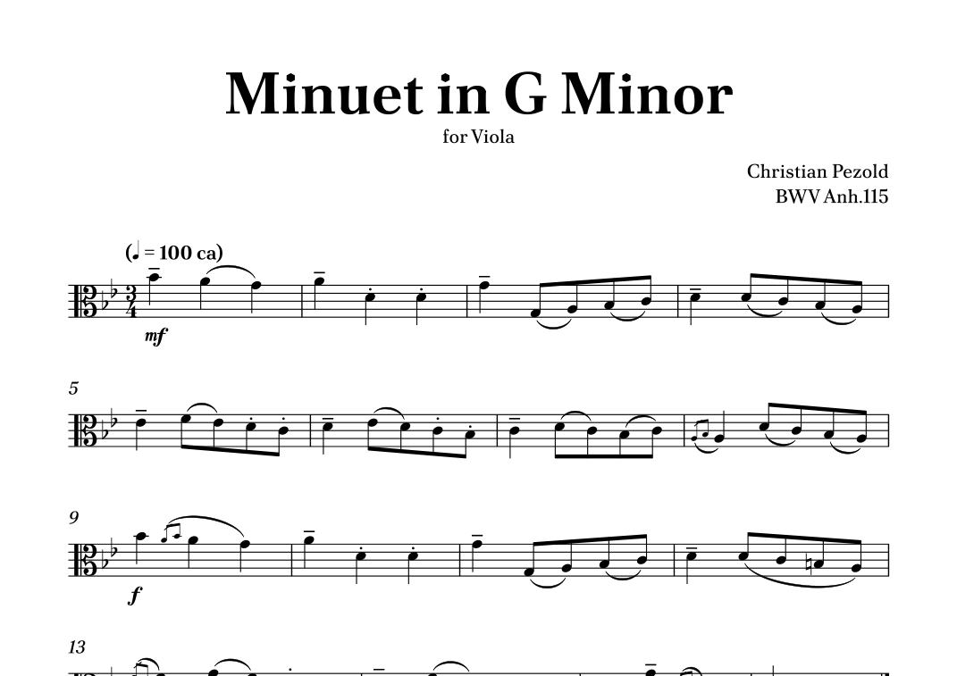 Minuet in G minor by Christian Pezold for Viola Easy without Chords ...
