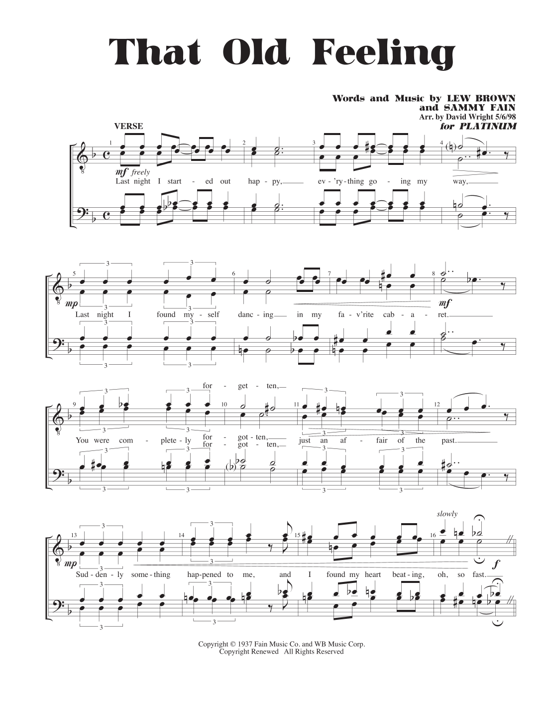 That Old Feeling (arr. David Wright by Sammy Fain Sheet Music for TTBB ...