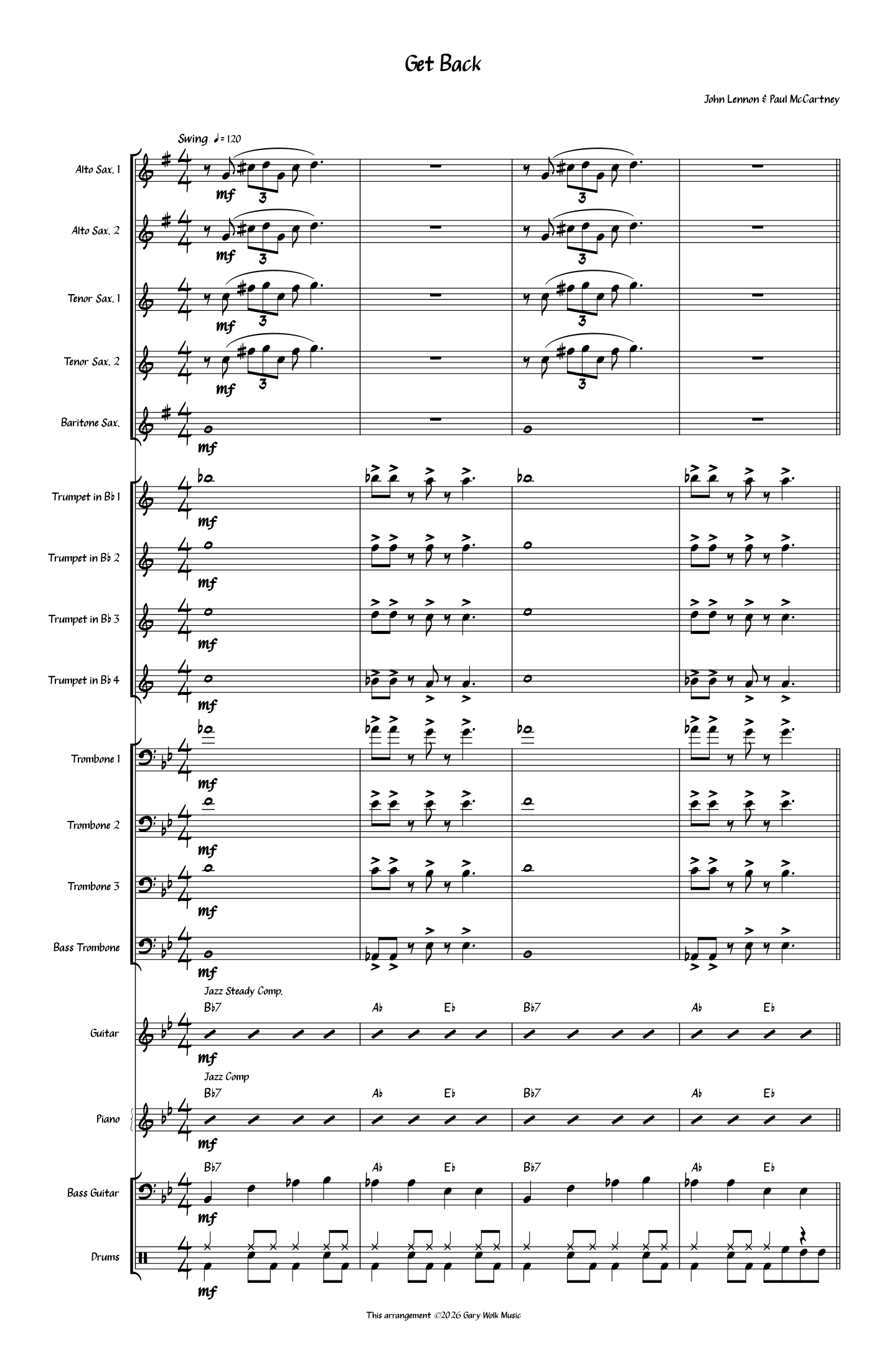 Get Back (arr. Gary Wolk) by The Beatles Sheet Music for Jazz Ensemble ...