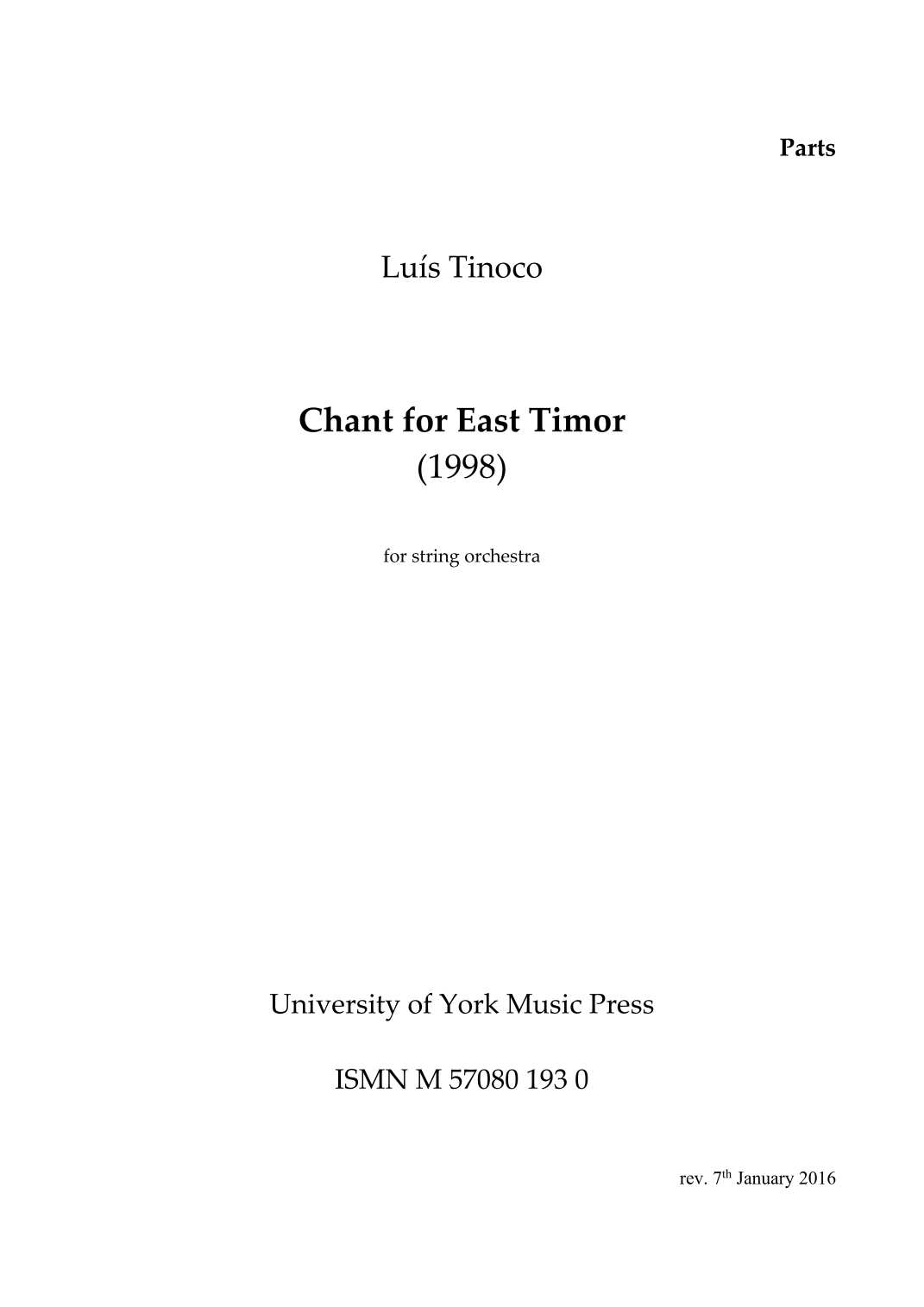 Chant for East Timor - parts only by Luís Tinoco Sheet Music for ...