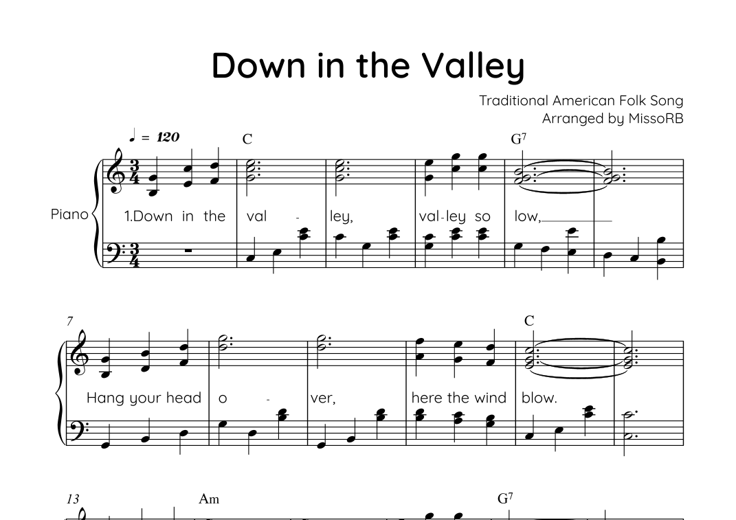 Down in the Valley - Piano in C With Chords & Lyrics - Intermediate ...