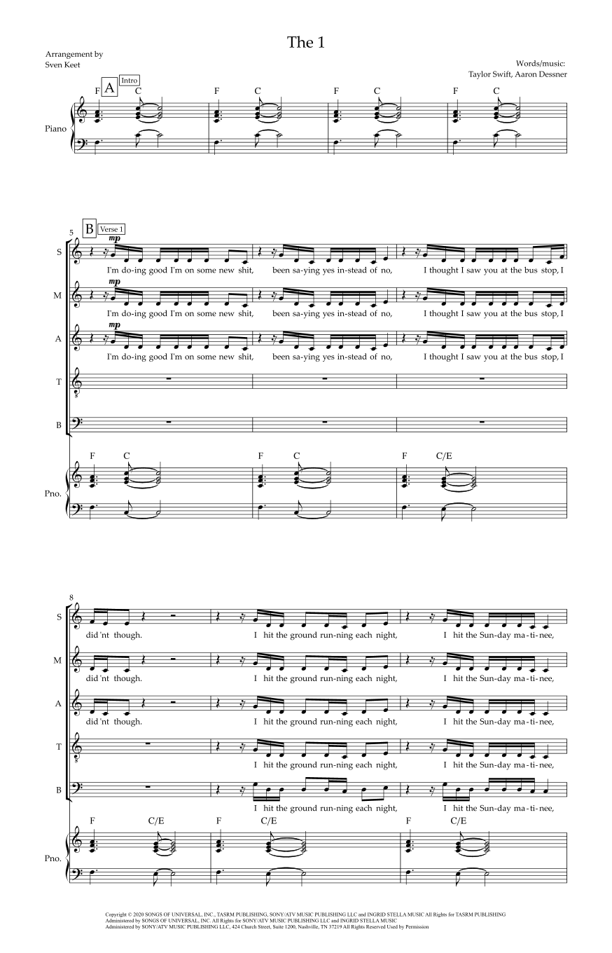 The 1 (arr. Sven Keet) von Taylor Swift Noten zum 5-stimmiger Chor bei ...