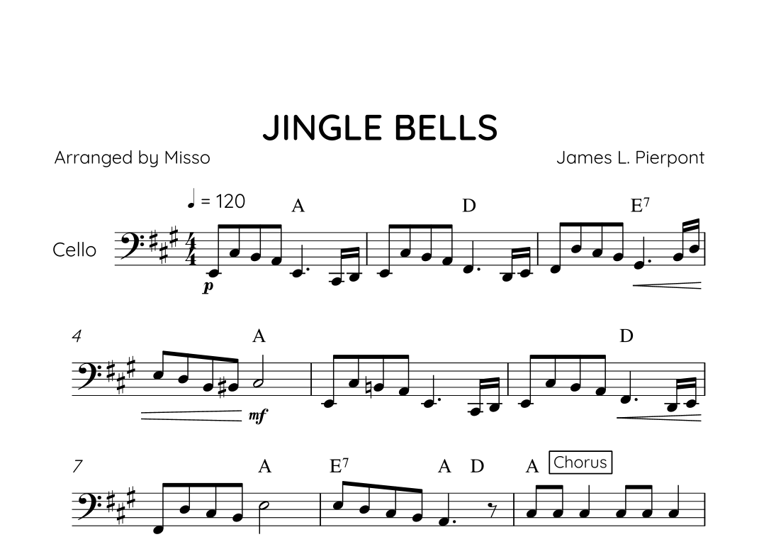 Jingle Bells - Cello in A Major - Intermediate With Chords (arr ...