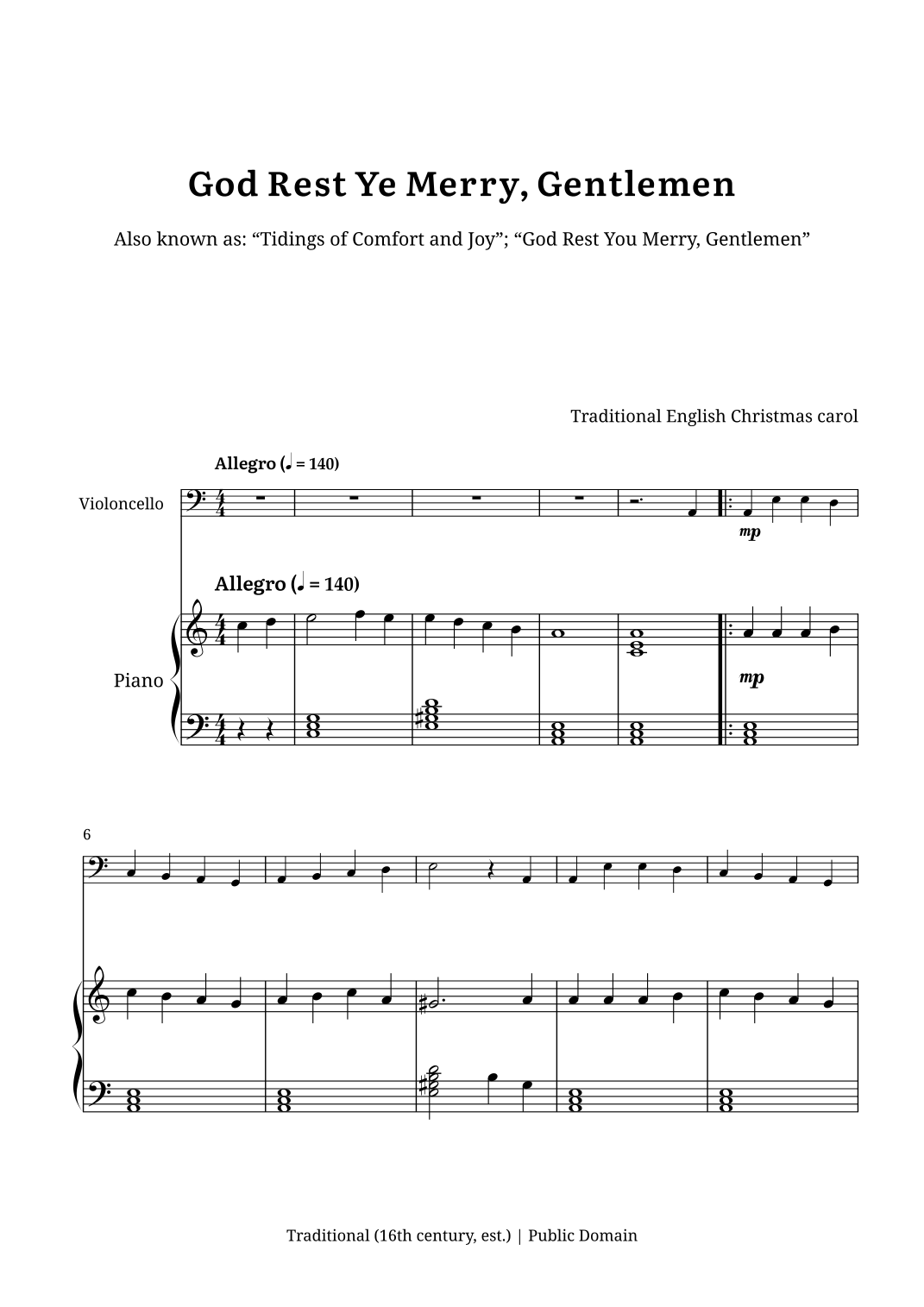 God Rest Ye Merry, Gentlemen – Cello & Piano (A minor) (arr. D. M ...