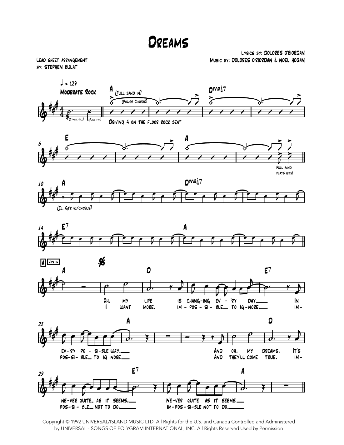Dreams (arr. Stephen Bulat) by The Cranberries Sheet Music for Lead ...