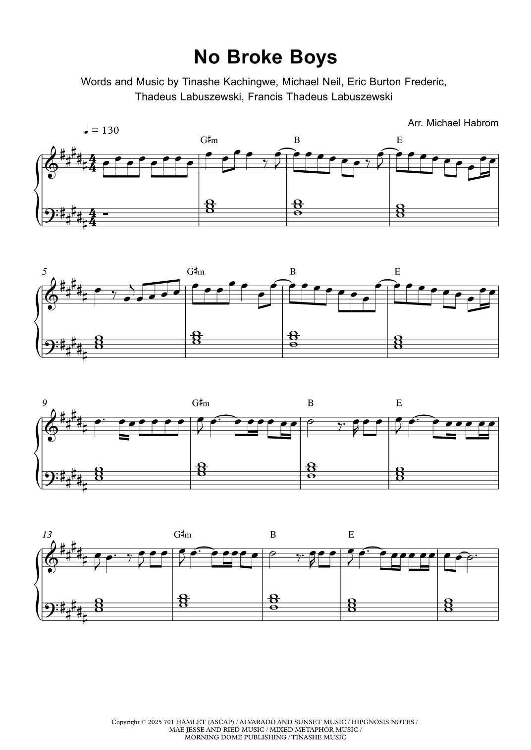 No Broke Boys (arr. Michael Habrom) by Disco Lines/tinashe Sheet Music ...