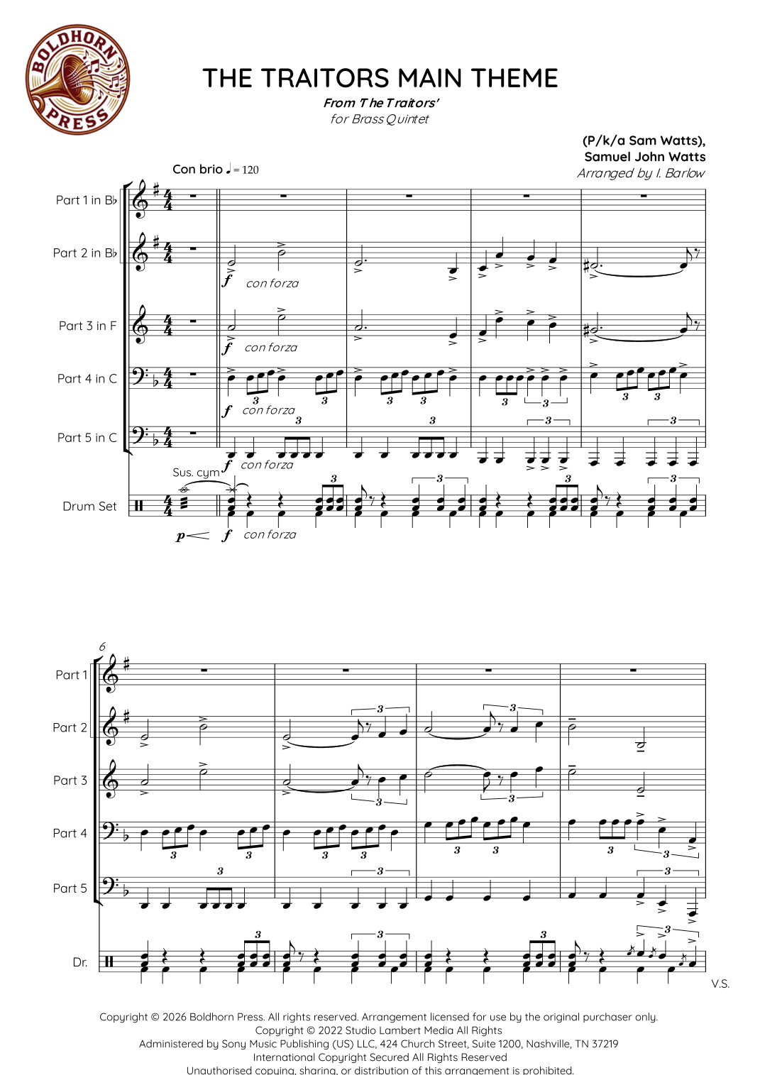 The Traitors Main Theme (arr. Ian Barlow) by (P/k/a Sam Watts) Sheet ...