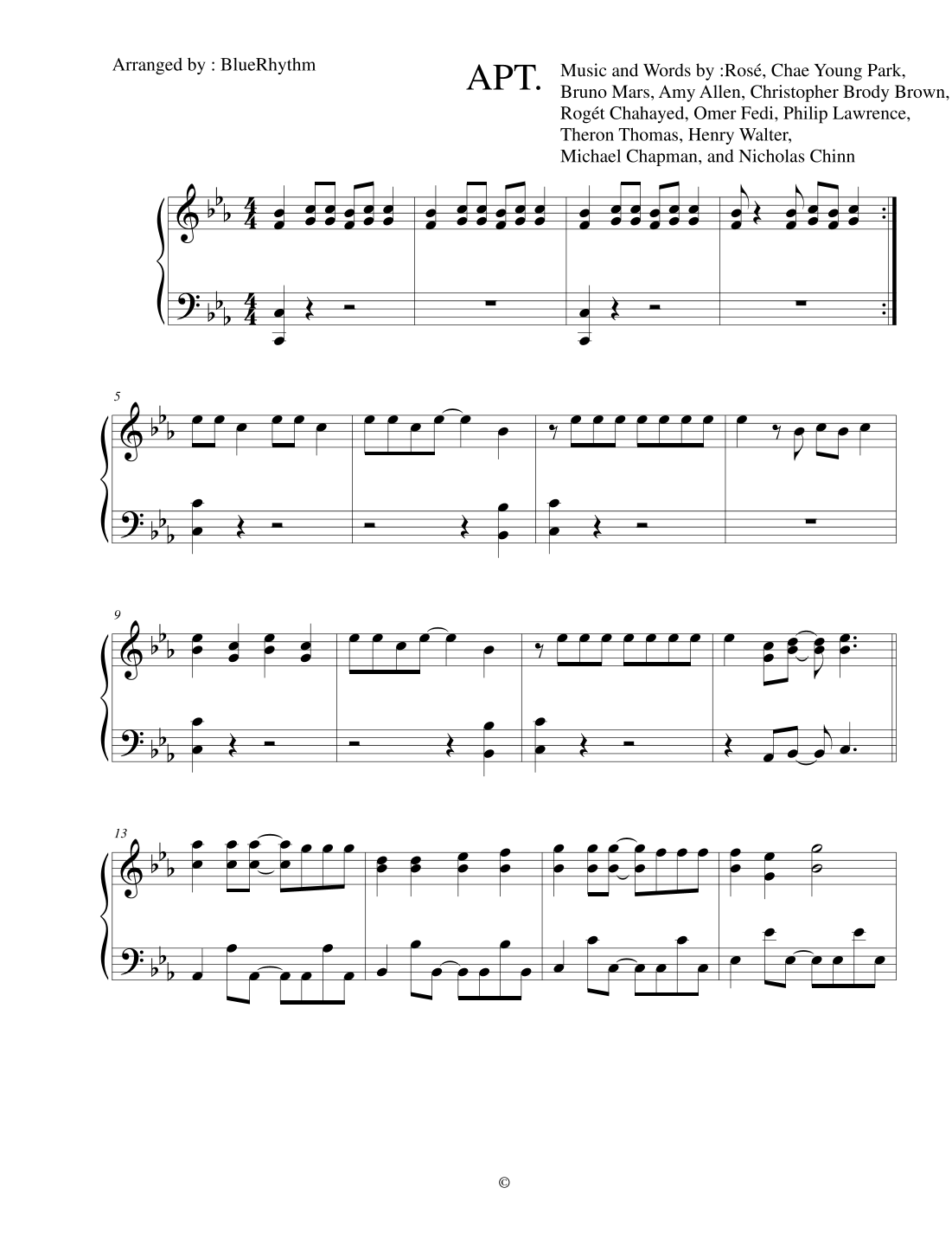APT. by Rosé and Bruno Mars Sheet Music for Easy Piano at Sheet Music ...