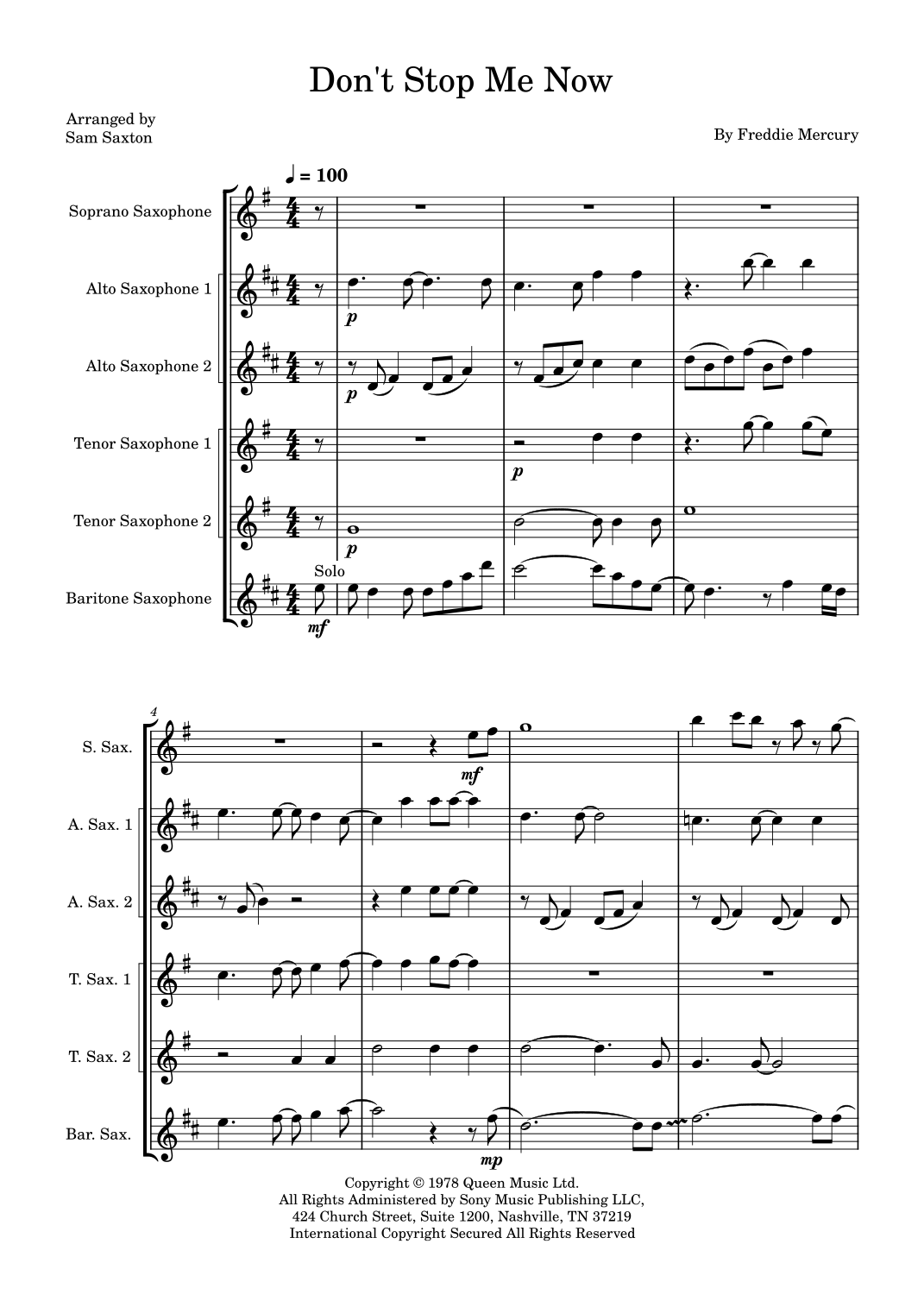 Don't Stop Me Now - Score Only (arr. Sam Saxton) by Queen Sheet Music ...