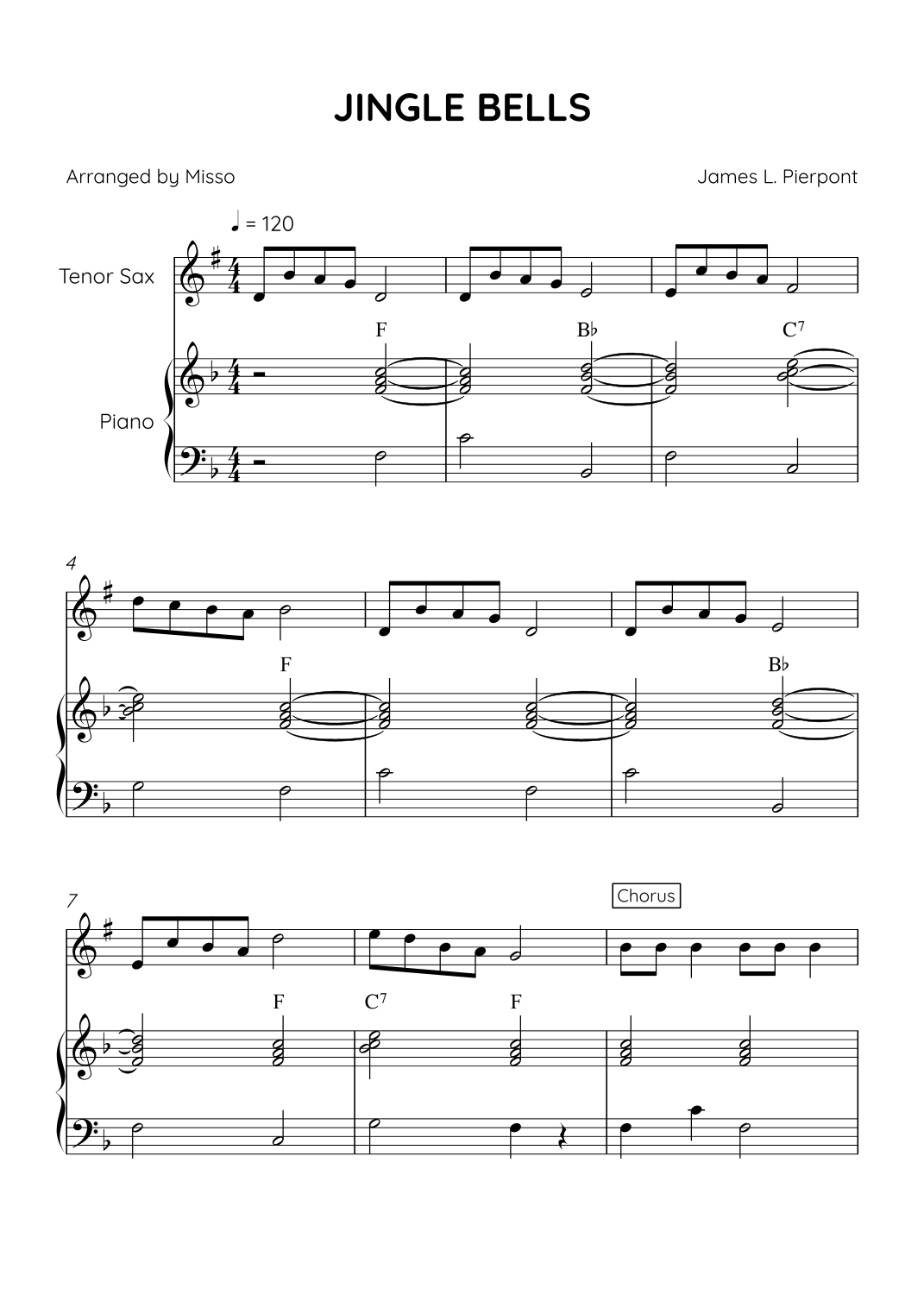 Jingle Bells - Tenor Sax & Piano in F Major (Beginner With Chords) (arr. MissoRB) by James L ...