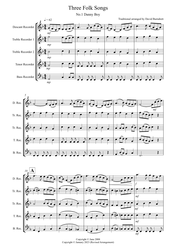 3 Folk Songs for Recorder Quintet (arr. David Burndrett) by Traditional ...