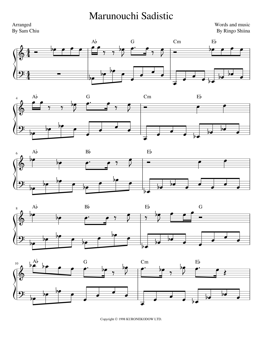 Marunouchi Sadisutikku (arr. Sam Chiu by Ringo Shiina Sheet Music for ...
